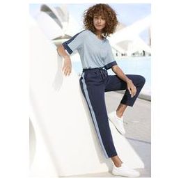 Schlupfhose Vivance, Damen, Gr. 42, N-Gr, blau (marine, blau), Jersey, Obermaterial: 95% Polyester, 5% Elasthan, unifarben mit Farbeinsatz, figurumspielend kn&ouml;chellang, Hosen Schlupfhose, mit sportlichen Kontraststreifen, leichte Sommerhose, knitterfrei