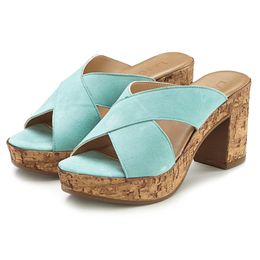 Pantolette Lascana "Sommerschuh, offener Schuh, Sandalette, Mule", Damen, Gr. 36, blau (t&uuml;rkis), Obermaterial: 100% Ziegenleder. Decksohle: 100% Ziegenleder. Futter: 100% Synthetik. Laufsohle: 100% Synthetik, Veloursleder, unifarben, Schuhe Pantolette, aus Leder mit Blockabsatz