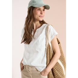 Kurzarmbluse Cecil, Damen, Gr. L (42), vanillewei&szlig;, Web, 100% Baumwolle, gemustert, klassisch normal, Rundhals, normaler Saum, Blusen, mit geschlitztem Rundhalsausschnitt