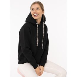 Hoodie Zwillingsherz "Nelina", Damen, Gr. M, schwarz, Sweatware;Feinripp;Feinstrick, Obermaterial: 50% Baumwolle, 50% Polyester, bedruckt, unifarben, h&uuml;ftbedeckend, ohne Ausschnitt, Rippb&uuml;ndchen mit Daumenl&ouml;chern, Sweatshirts Hoodie, mit Leo Band und schlichter Stickerei "Stay Wild", Kapuze