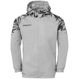 Trainingsjacke Uhlsport "Kapuzenjacke GOAL 25 EVO WOVEN HOOD JACKET", Herren, Gr. L, schwarz (schwarz grau melange, schwarz), Obermaterial: 88% Polyester Pol. recyc.. 12% Elasthan EL., Jacken Trainingsjacke