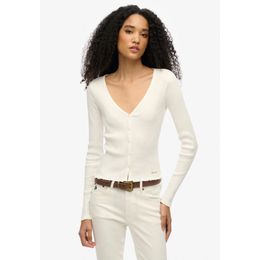 Langarmshirt Superdry "ESSENTIAL BUTTON THRU LS TOP", Damen, Gr. L, wei&szlig; (sanftes wei&szlig;), Single Jersey, Obermaterial: 100% Baumwolle, unifarben, skinny fit normal, tiefer Rundhals, Shirts Langarmshirt, Baumwolle, skinny fit