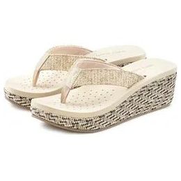Badezehentrenner Venice Beach "Sandale, Badeschuh, Sommerschuhe, Badelatsche, Flip Flop, Badeschlappe", Damen, Gr. 40, beige, Obermaterial: 100% Textilmaterial. Decksohle: 100% Synthetik. Futter: 100% Textilmaterial. Laufsohle: 100% Synthetik, mehrfarbig, Schuhe Zehentrenner, Zehentrenner mit geschm&uuml;cktem Keilabsatz VEGAN