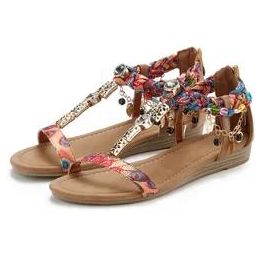 Sandale Lascana "Sommerschuh, Sandalette, offener Schuh", Damen, Gr. 41, bunt (rosa, camelfarben), Obermaterial: 50% Lederimitat, 50% Textilmaterial. Decksohle: 100% Lederimitat. Futter: 100% Lederimitat. Laufsohle: 100% Synthetik, mehrfarbig, Schuhe Riemchensandale Sandalette, mit Schmuckkettchen und Schmucksteinen im Festival-Look VEGAN
