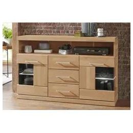 Sideboard OTTO HOME "Ribe,125cm breit, Fronten Massivholz,5 F&auml;cher,B&ouml;den versetzbar", beige (kernbuche teilmassiv), B:125cm H:80cm T:35cm, Holz teilmassiv, Sideboards, Sideboard, Korpus Holzwerkstoff,T&uuml;ren mit Glaseinsatz,3 Schubladen,Metallgriffe