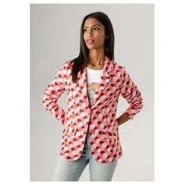 Kurzblazer Aniston SELECTED, Damen, Gr. 38, bunt (rosa, sanftes wei&szlig;, dunkelrot, hellorange), Jersey, Obermaterial: 68% Polyester, 27% Viskose, 5% Elasthan, Jacquardmuster, figurbetont h&uuml;ftlang, Blazer Kurzblazer, in Jacquard-Qualit&auml;t