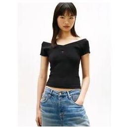 Tommy Hilfiger Kurzarmshirt TOMMY JEANS "TJW SLIM OFF SHOULDER RIB SS TOP", Damen, Gr. M (38), schwarz, Single Jersey, Obermaterial: 94% Baumwolle, 6% Elasthan, unifarben, slim fit taillenbedeckt, Carmenausschnitt, abgesteppte Kante, Shirts, mit gerippter Struktur, schulterfrei