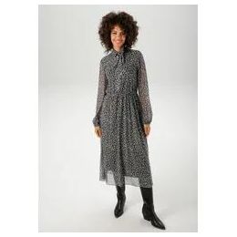 Blusenkleid Aniston CASUAL, Damen, Gr. 36, N-Gr, grau (grau leo), Mesh, Obermaterial: 95% Polyester, 5% Elasthan. Futter: 100% Polyester, figurumspielend wadenlang, elastischer Bund mit Gummizug, Kleider Blusenkleid, mit farbharmonischem Animal-Print