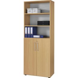 eurokraft pro RENATUS - B&uuml;roregalschrank, 5 Fachb&ouml;den, 6 Ordnerh&ouml;hen, davon 3 offen, wei&szlig; / Nussbaum