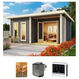 Saunahaus Konifera "Maiko 5 SET B", grau (terragrau), Bio-Ofen, externe Steuerung, 9 kW, Saunen, Ofen 9 kW Bio externe Strg easy