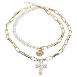 Edelstahlkette Urban Classics "Urban Classics Unisex Pearl Cross Layering Necklace", pearlwei&szlig;, gold, Halsketten, Damen, onesize, Edelstahlkette
