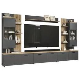 Wohnwand Home Affaire "Bajo", anthrazit, evoke eiche, B:360cm H:212cm T:40cm, Glas, Holzwerkstoff, Kunststoff, Kastenm&ouml;bel-Sets, Wohnwand, Set bestehend aus: 3x TV-Lowboards, 2x H&auml;ngevitrinen, 1x Wandboard