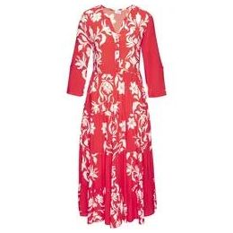 Maxikleid Lascana, Damen, Gr. 42, N-Gr, blau (rot, wei&szlig; bedruckt), Web, Obermaterial: 100% Viskose, bedruckt, figurumspielend lang, Rundhals, mit Riegel, Kleider Maxikleid, mit Blumenprint und Knopfleiste, Sommerkleid, Strandkleid