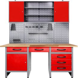 Werkstatt-Set ONDIS24 "Harry", rot (rot, grau), B:160cm H:205cm T:60cm, Metall, Werkb&auml;nke, mit LED Touch-Lampen, inkl. Hakenset
