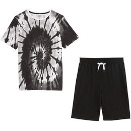 T-Shirt bonprix "T-Shirt und Jersey-Bermuda (2-tlg.Set) aus reiner Baumwolle", Jungen, Gr. 140/146, schwarz (schwarz, wei&szlig; bedruckt), Obermaterial: 100% Baumwolle, regular fit, Shirts T-Shirt, Regular Fit, Kurzarm, aus Baumwolle, im 2-teiligen Set