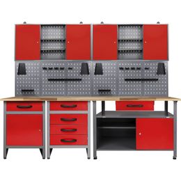 Werkstatt-Set ONDIS24, rot (anthrazit, rot), B:240cm H:205cm T:60cm, Edelstahl, Werkb&auml;nke, 243 cm