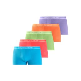 Boxer Bruno Banani "Boxershorts f&uuml;r Herren", Herren, Gr. L, 5 Stk., blau, orange, gr&uuml;n, rot, lila, Jersey, Obermaterial: 95% Baumwolle, 5% Elasthan, unifarben, Unterhosen, mit schmalen Streifen und Logoschriftzug im Bund
