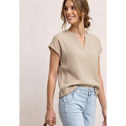 Blusenshirt Street One, Damen, Gr. 44, cotton beige, Web, 100% Baumwolle, unifarben, normal normal, Rundhals, abgesteppt, Shirts Blusenshirt, aus reiner Baumwolle