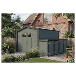Gartenhaus Weka "Killarney", gr&uuml;ngrau, anthrazit, ohne Fu&szlig;boden, ohne Dacheindeckung, Massivholz, Gartenh&auml;user, Gartenhaus, Doppelt&uuml;r, 1/4 verglast, inkl. 4er M&uuml;lltonnenbox