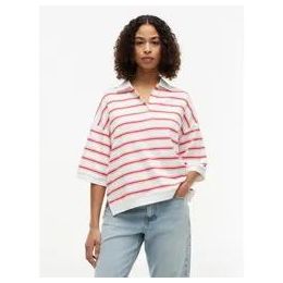 Poloshirt Tommy Hilfiger "MULTISTP OVERSIZED SS POLO", Damen, Gr. XS (34), multi stp ecru, fire rot, Single Jersey, Obermaterial: 100% Baumwolle, gestreift, oversize normal, Rundhals, eingesetzt gerader Abschluss, Shirts, Baumwolle, oversize