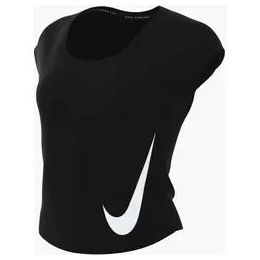 Lauftop Nike "W NK TEMPO SWOOSH RUN DF SS", Damen, Gr. XS, schwarz-wei&szlig; (schwarz, wei&szlig;,), Obermaterial: 100% Polyester, normal, Rundhals, Tops, sportlicher Stil, Rundhalsausschnitt, schmale Passform