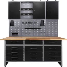 Werkstatt-Set ONDIS24, schwarz (anthrazit, schwarz, grau), B:160cm H:205cm T:60cm, Edelstahl, Werkb&auml;nke, 160 cm