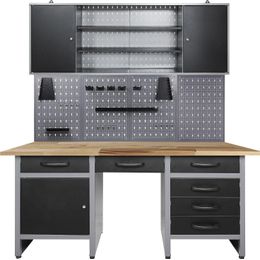 Werkstatt-Set ONDIS24 "Harry", schwarz (anthrazit, grau, schwarz), B:160cm H:205cm T:60cm, Metall, Werkb&auml;nke, h&ouml;henverstellbar, inkl. 22-tlg. Hakenset
