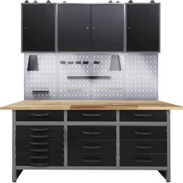 Werkstatt-Set ONDIS24, schwarz (anthrazit, schwarz, grau), B:160cm H:205cm T:60cm, Edelstahl, Werkb&auml;nke, 160 cm, mit LED