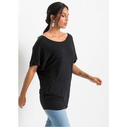 T-Shirt bonprix, Damen, Gr. 44/46 (L), schwarz, Jersey, Obermaterial: 95% Viskose, 5% Elasthan. Spitze: 90% Polyamid, 10% Elasthan, unifarben, oversize Po-bedeckend, Rundhals, Fledermaus&auml;rmel,angeschnitten, Shirts T-Shirt, Oversize-Passform, Fledermaus-Halbarm, mit Spitzeneinsatz im R&uuml;cken