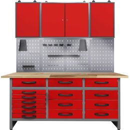 Werkstatt-Set ONDIS24, rot (anthrazit, rot), B:160cm H:205cm T:60cm, Edelstahl, Werkb&auml;nke, 160 cm, mit LED