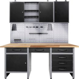 Werkstatt-Set ONDIS24 "Fritz", schwarz (anthrazit, schwarz, grau), B:160cm H:205cm T:60cm, Metall, Werkb&auml;nke, Werkbank mit Lochwand & 2 Werkstattschr&auml;nken