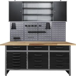 Werkstatt-Set ONDIS24 "Konny", schwarz (anthrazit, grau, schwarz), B:160cm H:205cm T:60cm, Metall, Werkb&auml;nke, 160 cm, h&ouml;henverstellbar, inkl. Hakenset