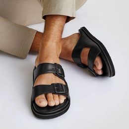 LANDS' END Doppelschnallen-Pantolette, Herren,  Schwarz, Leder, by Lands' End