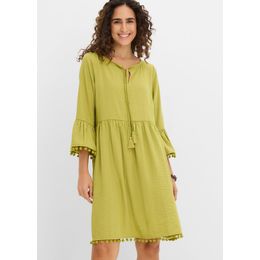 bonprix Kleid aus flie&szlig;ender Viskose, gr&uuml;n, Gr.42, Midikleid mit Volants und kleinen Bommeln