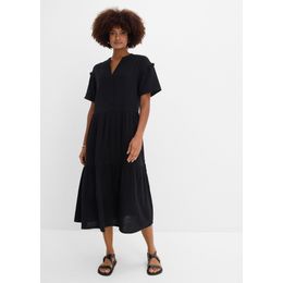bonprix Midikleid aus weichem Musselin, schwarz, Gr.42, Mit kurzen &Auml;rmeln und R&uuml;schen am &Auml;rmelsaum, 100% Baumwolle