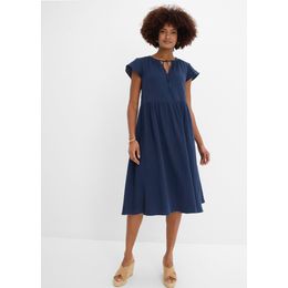 bonprix Kleid aus weichem Musselin, blau, Gr.44, ausgestelltes Musselinkleid aus reiner Baumwolle mit V-Ausschnitt, aus 100% Baumwolle