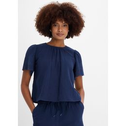 bonprix Kurzarmbluse aus luftigem Musselin, blau, Gr.38, Bequem und modern geschnitten, mit Lochstickerei, 100% Baumwolle