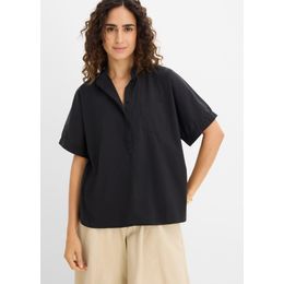 bonprix &Uuml;berschnittene Kurzarmbluse, schwarz, Gr.52, Oversize Kurzarmbluse mit Mandarin-Kragen, 72% Baumwolle