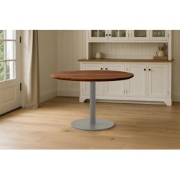 Bistrotisch BRASILIAN 120 / Akazie nussbaumfarben / 120x120 / S&auml;ulen-Gestell rund Silber