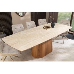 Riess Ambiente Design Esstisch UNIQUE 200cm natur braun Travertin Keramik Eichenholz S&auml;ulenfu&szlig; Riess-Ambiente Esszimmertisch rechteckig