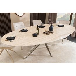 Riess Ambiente Ovaler Esstisch SCULPTURE 220cm natur Travertin Keramik champagner greige Metall Riess-Ambiente Esszimmertisch