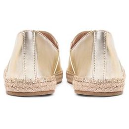 Espadrille Tommy Hilfiger "TH LOGO GOLD ESPADRILLE", Damen, Gr. 40, goldfarben, Leder, geflochten, unifarben, Schuhe Espadrille, Sommerschuh, Schlupfschuh mit edlem TH-Schmuckelement