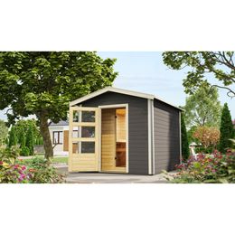 Karibu Saunahaus 'Bosse 1' terragrau mit Vorraum 9 kW Ofen externe Steuerung 231 x 273 x 235 cm