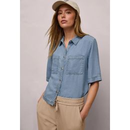Kurzarmbluse STREET ONE STUDIO, Damen, Gr. 44, light blau soft wash, Stoff, 100% Lyocell, unifarben, klassisch normal, V-Ausschnitt, normaler Saum, Blusen, mit durchgehender Knopfleiste vorn
