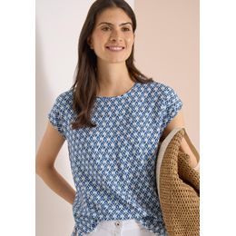 Kurzarmbluse Cecil, Damen, Gr. L (42), universal blau, Stoff, 100% Viskose, gemustert, klassisch normal, Rundhals, abgesteppt, Blusen, mit grafischem Muster