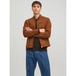 Jack & Jones Lederimitatjacke JACK & JONES "JJEROCKY in Kunstlederoptik mit Rei&szlig;verschlusstaschen", Herren, Gr. M, braun (cognac), Web, Obermaterial: 88% Polyester, 12% Viskose, slim fit normal, gerader Abschluss, Jacken, unifarben, modisch, regular fit, Lederimitat