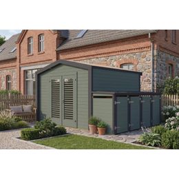 Gartenhaus Weka "Killarney", gr&uuml;ngrau, anthrazit, ohne Fu&szlig;boden, ohne Dacheindeckung, Massivholz, Gartenh&auml;user, Gartenhaus, Doppelt&uuml;r mit Lamellen, inkl. 4er M&uuml;lltonnenbox