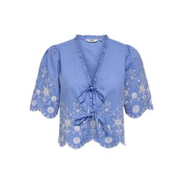 Kurzarmbluse Only "ONLMIFFY S/S EMB TIE TOP NOOS WVN", Damen, Gr. L, medium blau denim, Web, Obermaterial: 100% Baumwolle, unifarben mit Farbeinsatz, regular fit normal, V-Ausschnitt, Blusen, Baumwolle, regular fit, V-Ausschnitt