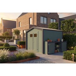 Gartenhaus Weka "Killarney", gr&uuml;ngrau, anthrazit, ohne Fu&szlig;boden, ohne Dacheindeckung, Massivholz, Gartenh&auml;user, Gartenhaus, Doppelt&uuml;r, 1/4 verglast, inkl. Pflanztisch
