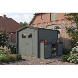 Gartenhaus Weka "Killarney", gr&uuml;ngrau, anthrazit, ohne Fu&szlig;boden, ohne Dacheindeckung, Massivholz, Gartenh&auml;user, Gartenhaus, Doppelt&uuml;r, 1/4 verglast, inkl. Pflanztisch
